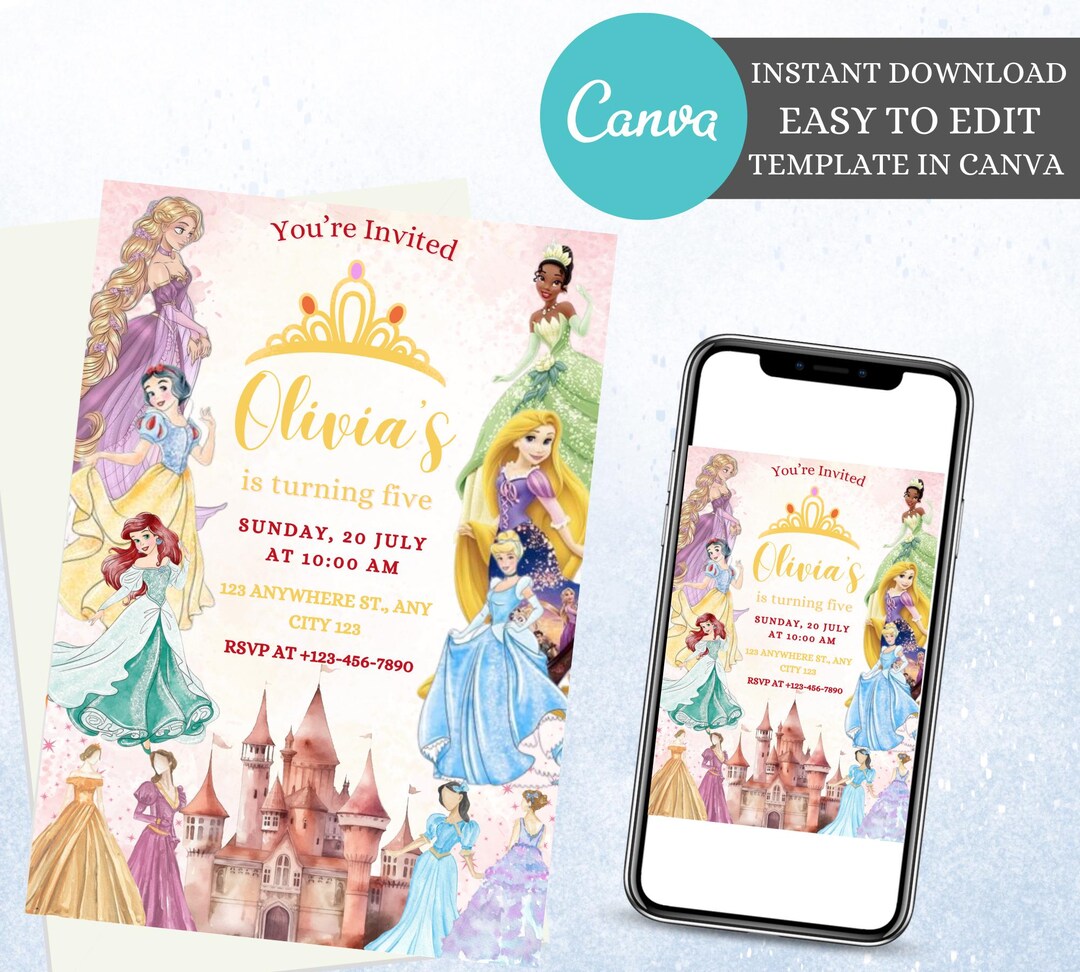 Editable Princess Birthday Invitation - Printable 5x7 Digital Download ...