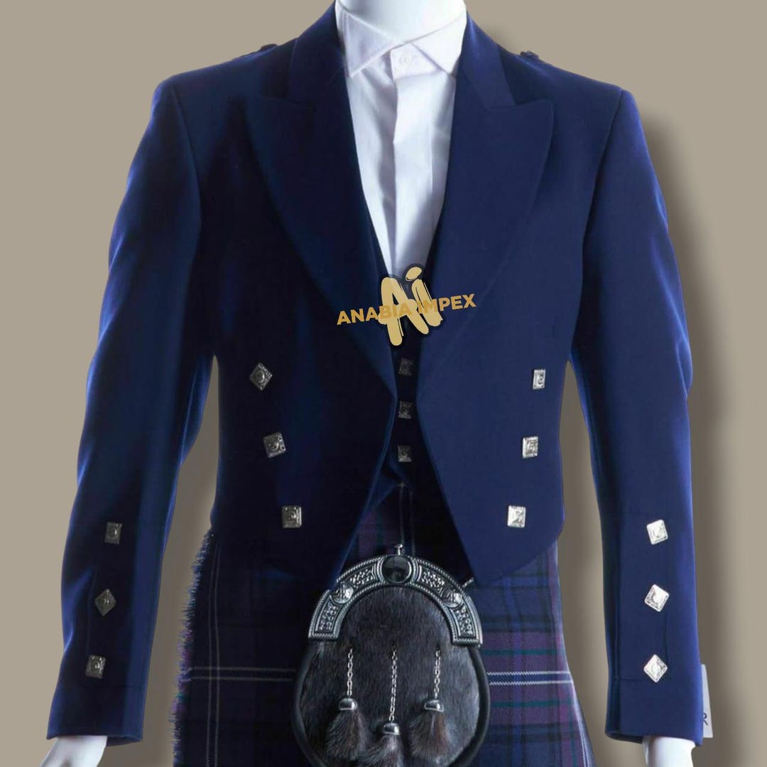 Men's Blue Prince Charlie Wool Kilt Jacket With Vest: Scottish Highland ...