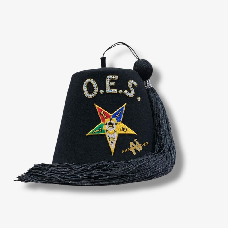 OES Fez Hat Black Wool Fez With Rhinestones Embroidered O.E.S - Masonic ...