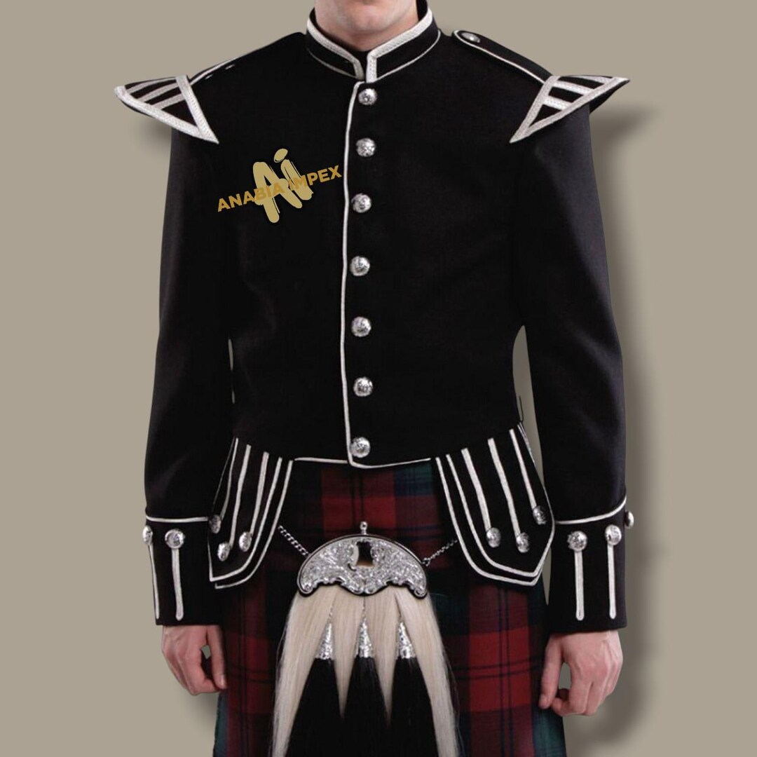 Scottish Men's Black Wool Military Piper Doublet Kilt Jacket Men's ...