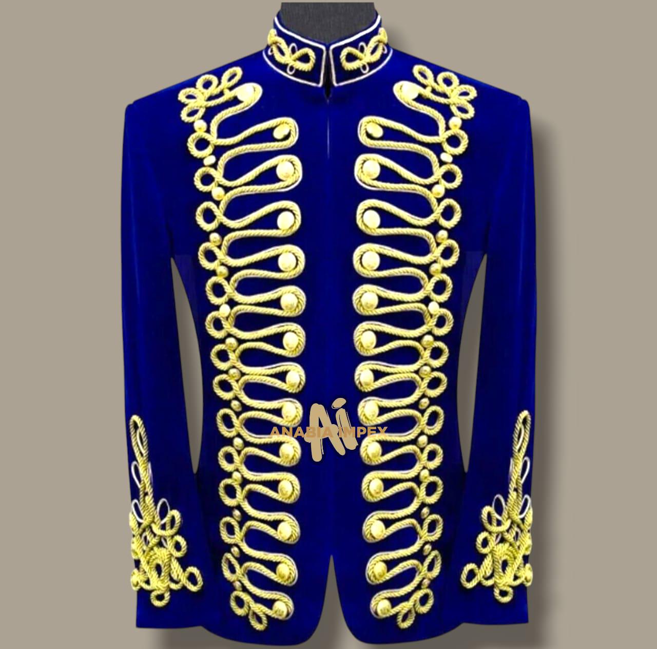 Men's Royal Blue Velvet Hussar Jacket: Military Style Mandarin Collar ...