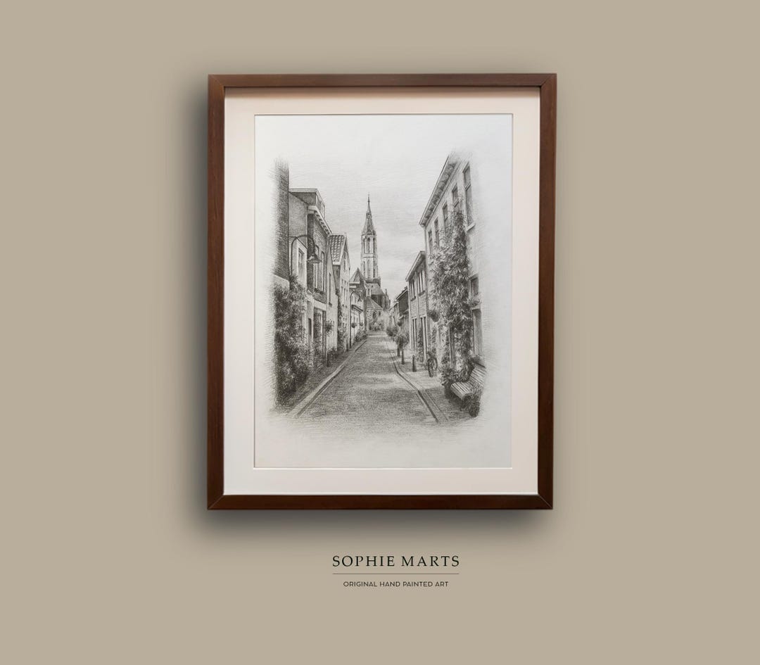 European Cityscape Pencil Drawing: Old Town Architecture, Original ...