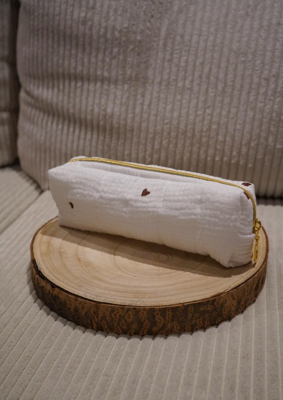 Muslin Pencil Case With Hearts, Pencil Case, Cosmetic Bag, Double Gauze ...