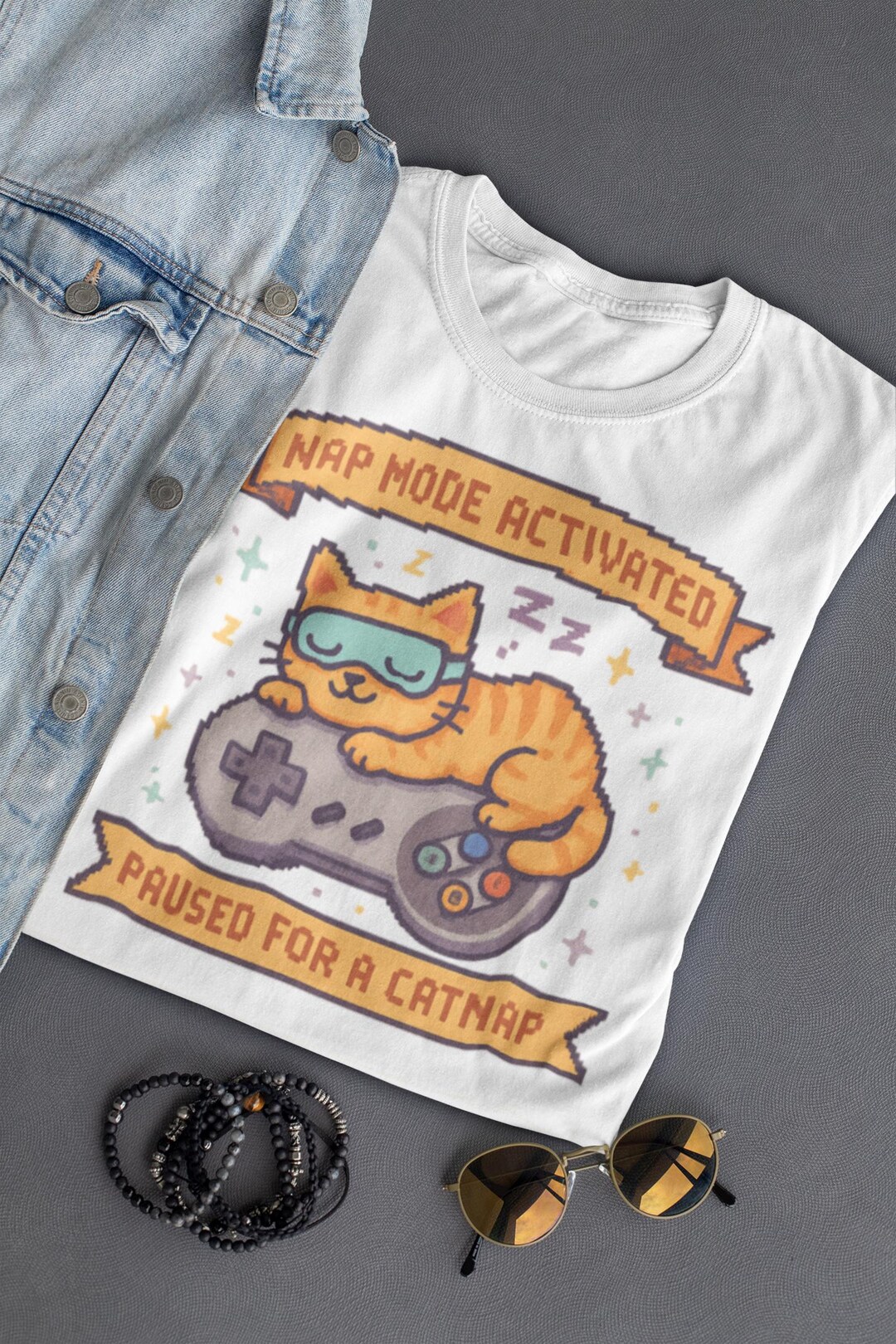 Nap Mode Activated Cat Gamer Art Retro Controller Sleepy Kitty Design ...