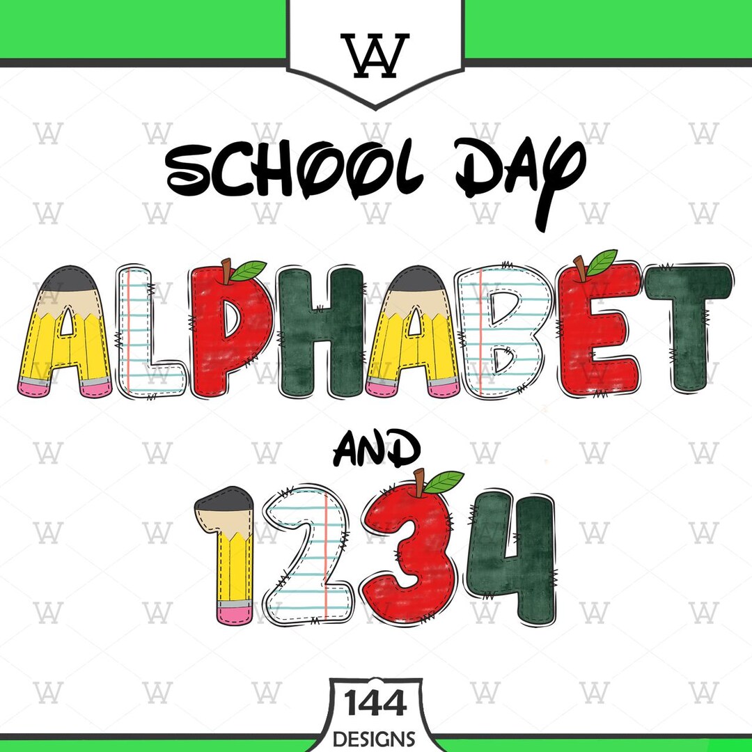 School Doodle Alphabet Bundle, School PNG Letters, Numbers ...