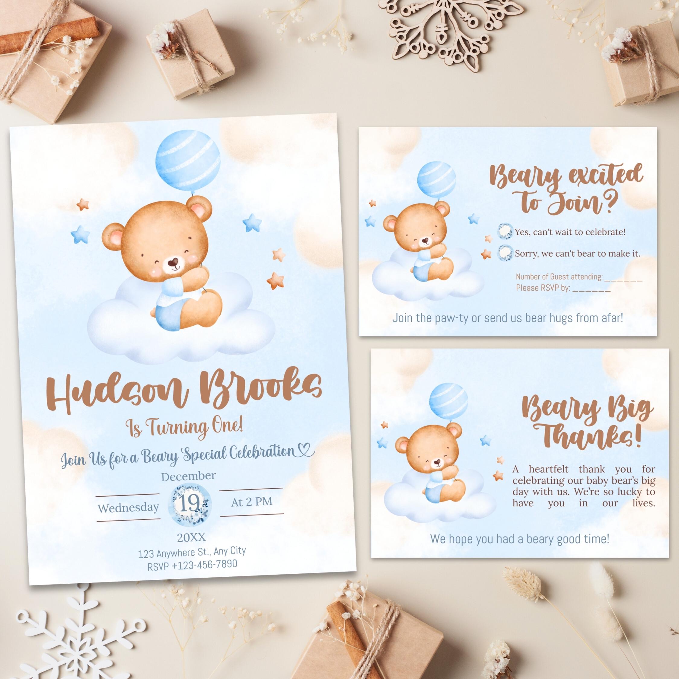 Blue Bear Theme Birthday Invitation, Customizable Birthday Invite, Free ...
