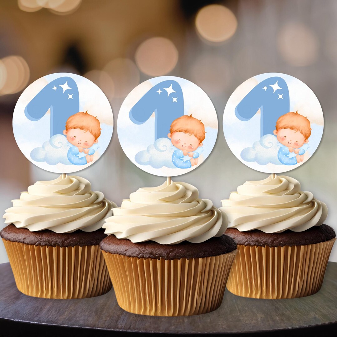 Blue Baby 1st Birthday Cupcake Toppers, Bear Birthday Party Decorations ...