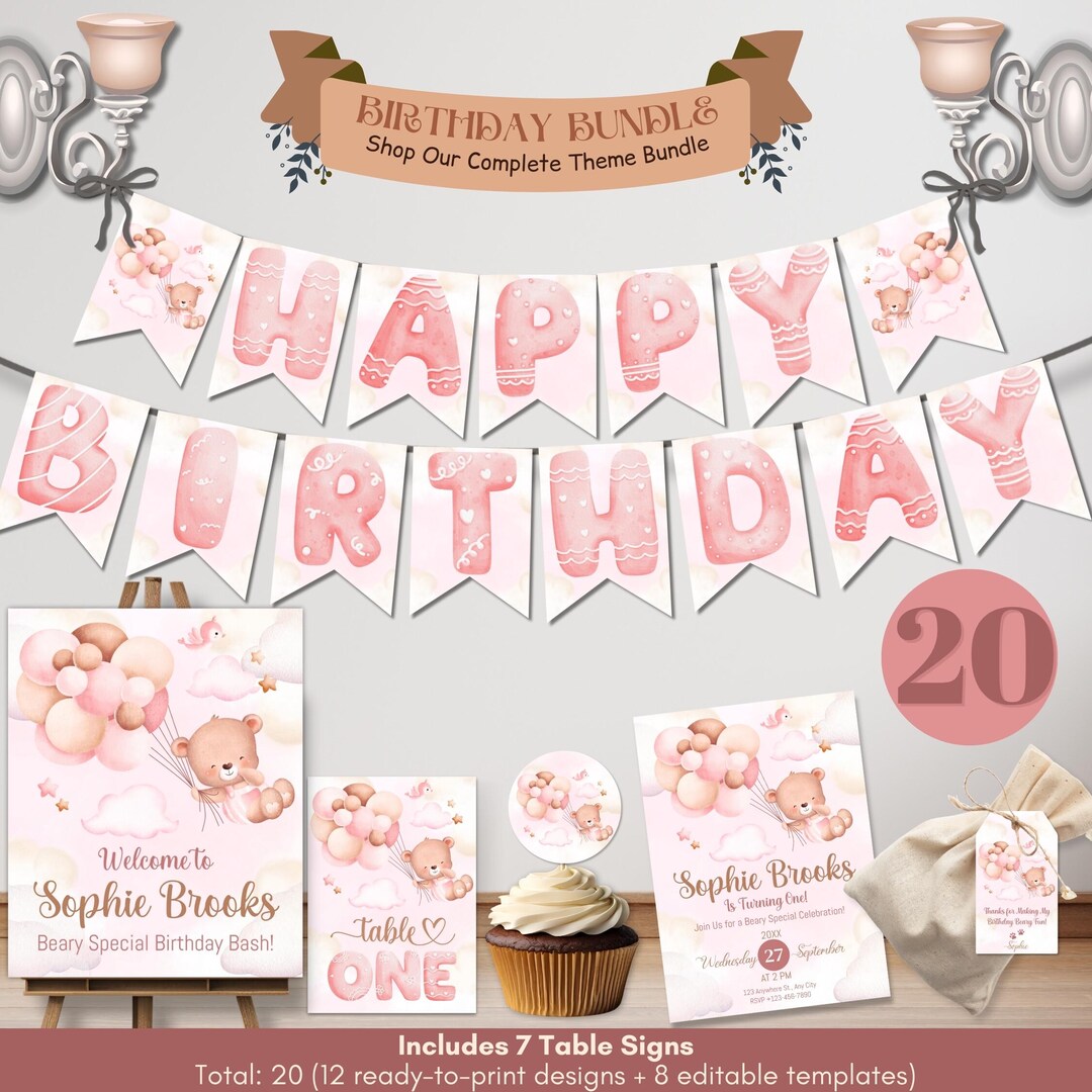 Bear Theme Pink Birthday Bundle Set, Customizable Party Decor, Editable ...