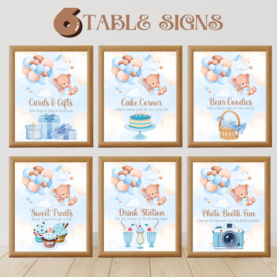 6 Bear Theme Birthday Table Signs, Baby Bear Party Decorations, Table ...