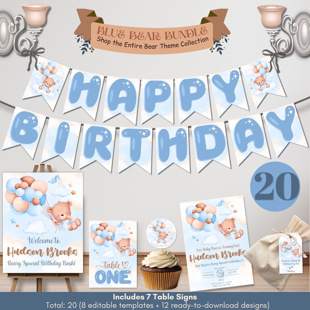 Blue Bear Birthday Bundle, Cute Bear Party Decor, Bear Theme Set, Baby ...