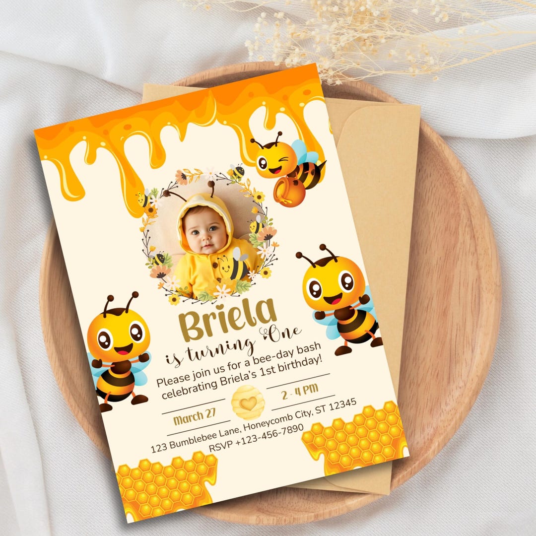Customizable Bee Birthday Invitation, Cute Baby Girl Invite, Editable ...