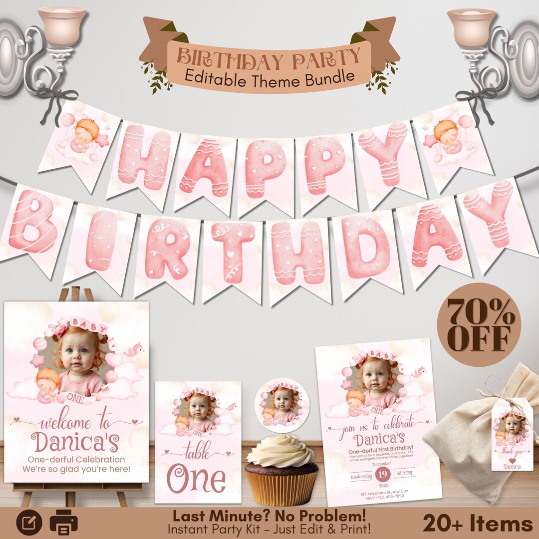 Cute Pink Baby Theme 1st Birthday Bundle Set, Kids Party Supplies ...