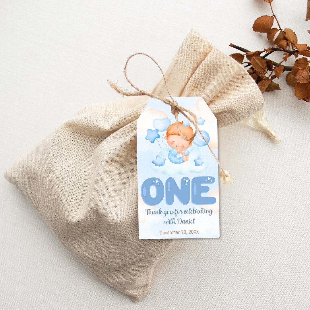 Customizable Blue Baby Theme 1st Birthday Tags, Party Favor Gift Tags ...