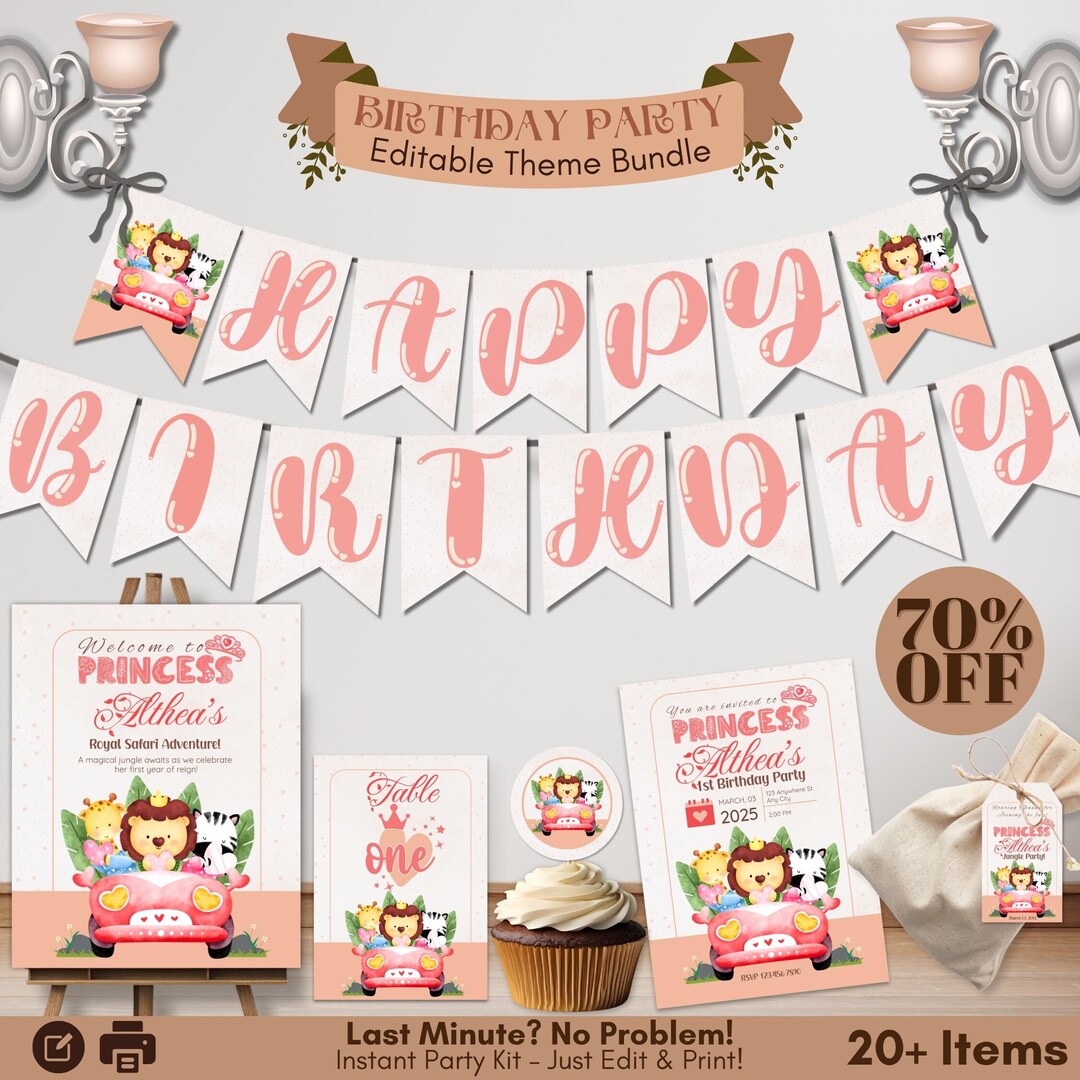 Pink Jungle Princess Birthday Bundle Set, Safari Theme Party Decor ...