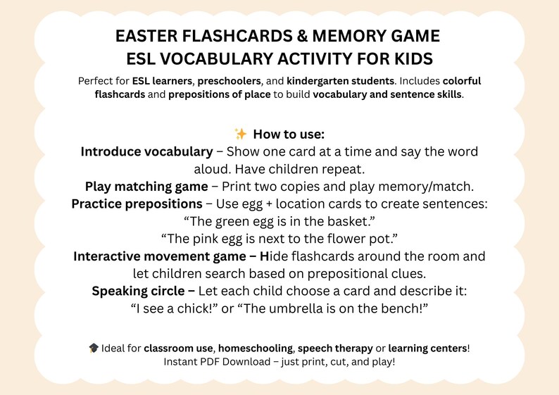Educational Printable Easter Flashcards and Memory Game for ESL Kids - Etsy
