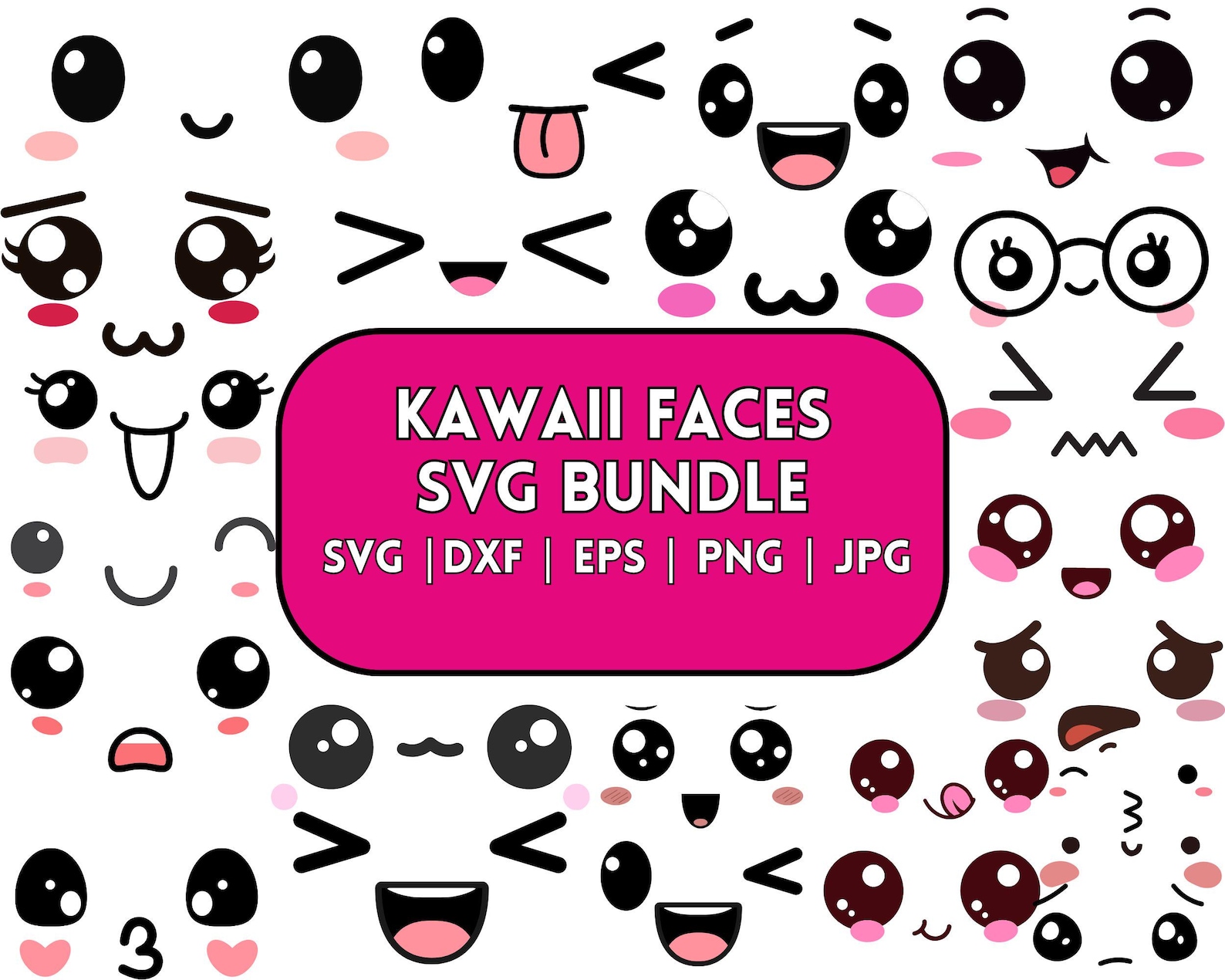 Kawaii Faces SVG Bundle, Cute Face Clipart, Cartoon Emoji Face Svg ...