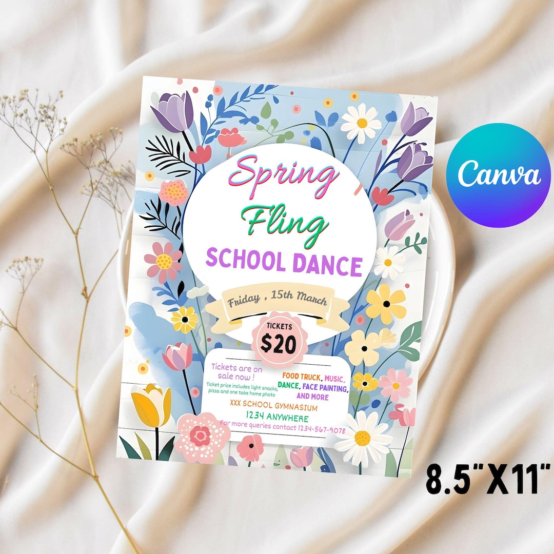 Spring Fling Flyer: School Dance Invitation Template (canva, PDF) - Etsy