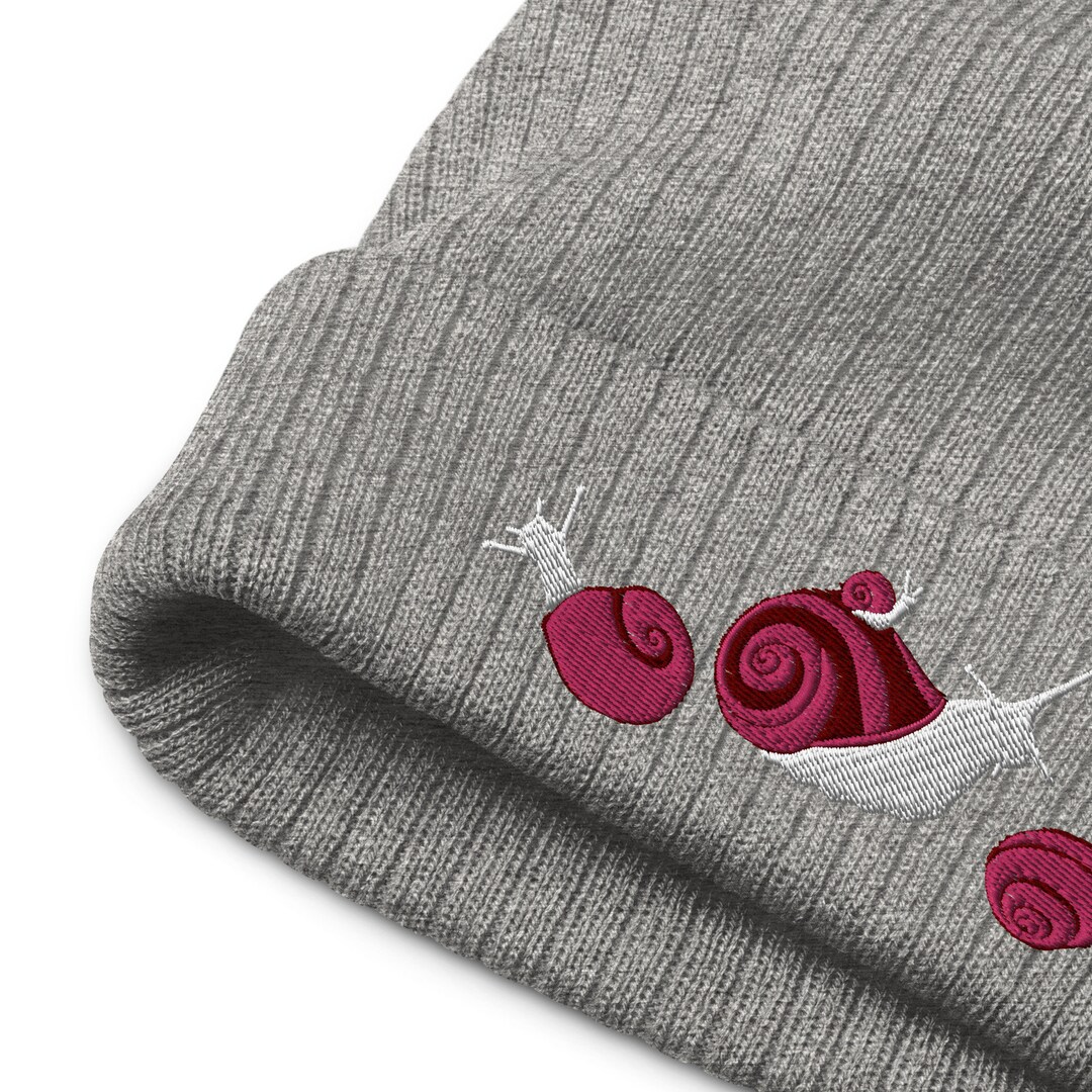 Snail Recycled Beanie, Pink and Grey Snail Hat, Snails Embroidery ...