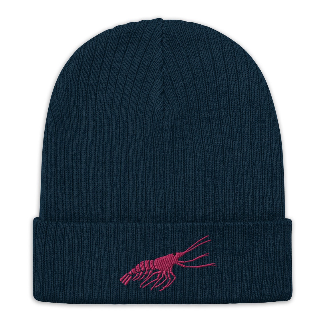 Pink Shrimp Embroidered Recycled Beanie - Navy Ribbed Hat - Etsy