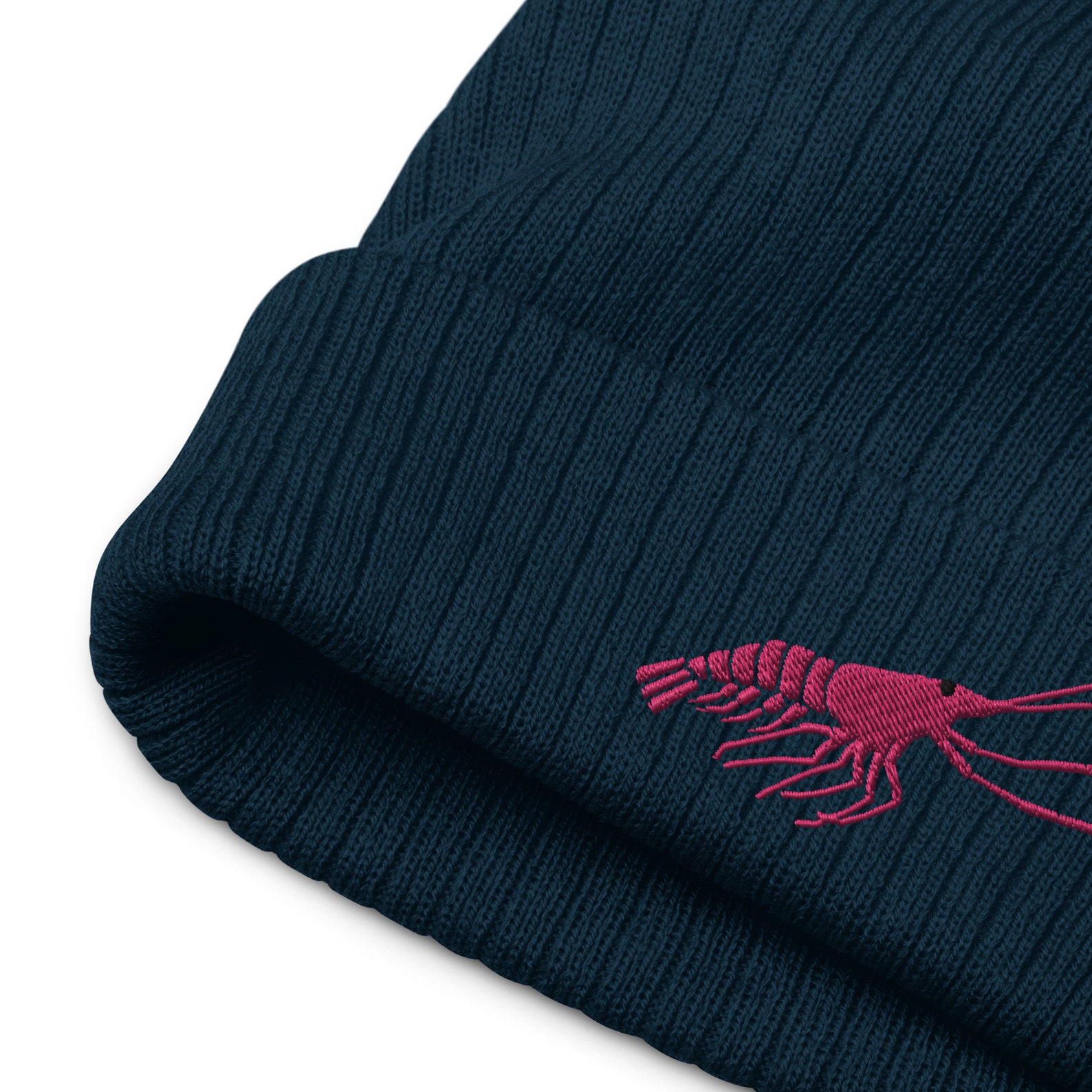 Pink Shrimp Embroidered Recycled Beanie - Navy Ribbed Hat - Etsy