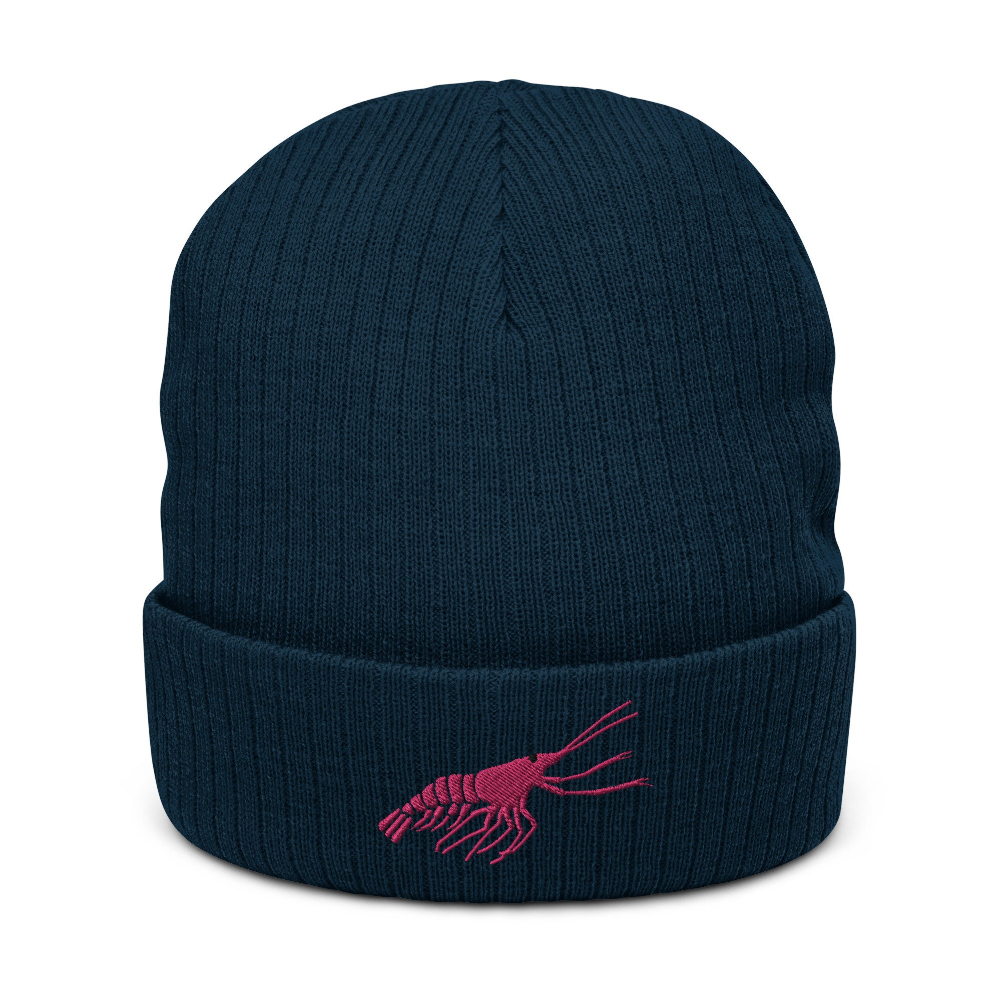 Pink Shrimp Embroidered Recycled Beanie - Navy Ribbed Hat - Etsy