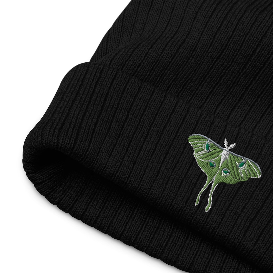 Luna Moth Embroidered Recycled Beanie, Ribbed Knit Hat - Etsy
