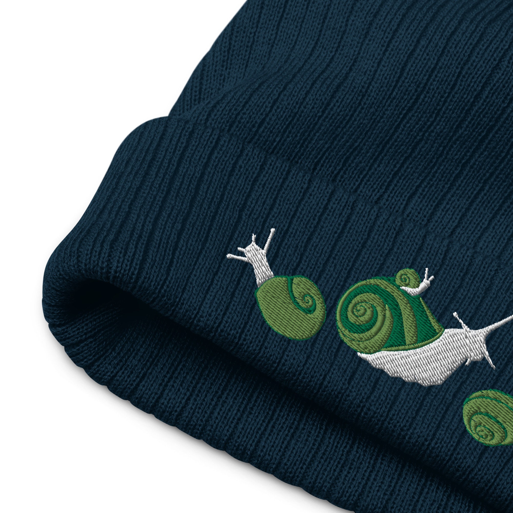 Snail Recycled Beanie, Green Snail Hat, Snails Embroidery, Ribbed ...