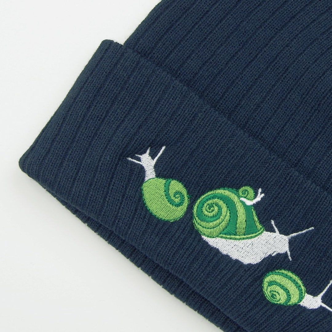 Snail Recycled Beanie, Green Snail Hat, Snails Embroidery, Ribbed ...