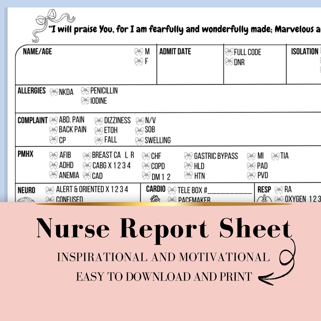 Nurse Report Sheet With Uplifting Scripture, Student Nurse Report Sheet ...