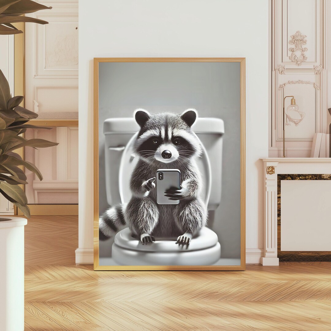 Raccoon Bathroom Printable Art - Racoon on Toilet Scrolling on Phone ...