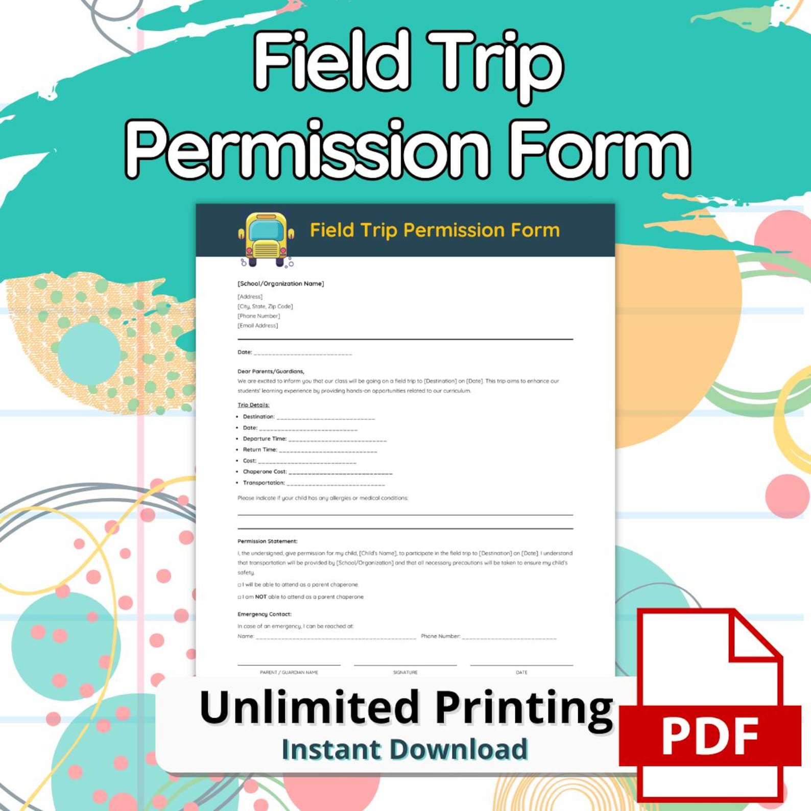 Field Trip Permission Slip Printable | School Form | Preschool ...