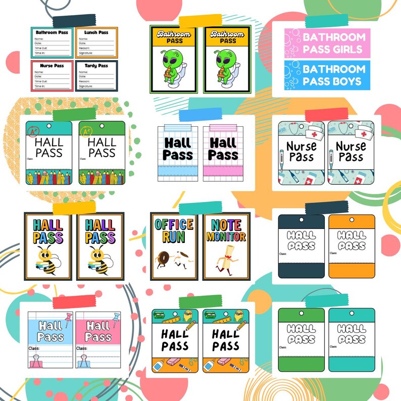 24 Teacher Hall Pass Set | Printable Classroom Hall Passes | Bathroom ...