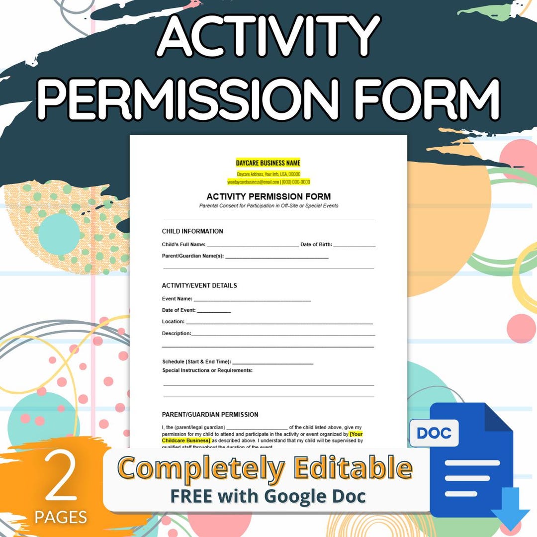 Activity Permission Form | Parental Consent for Daycare & School Events ...