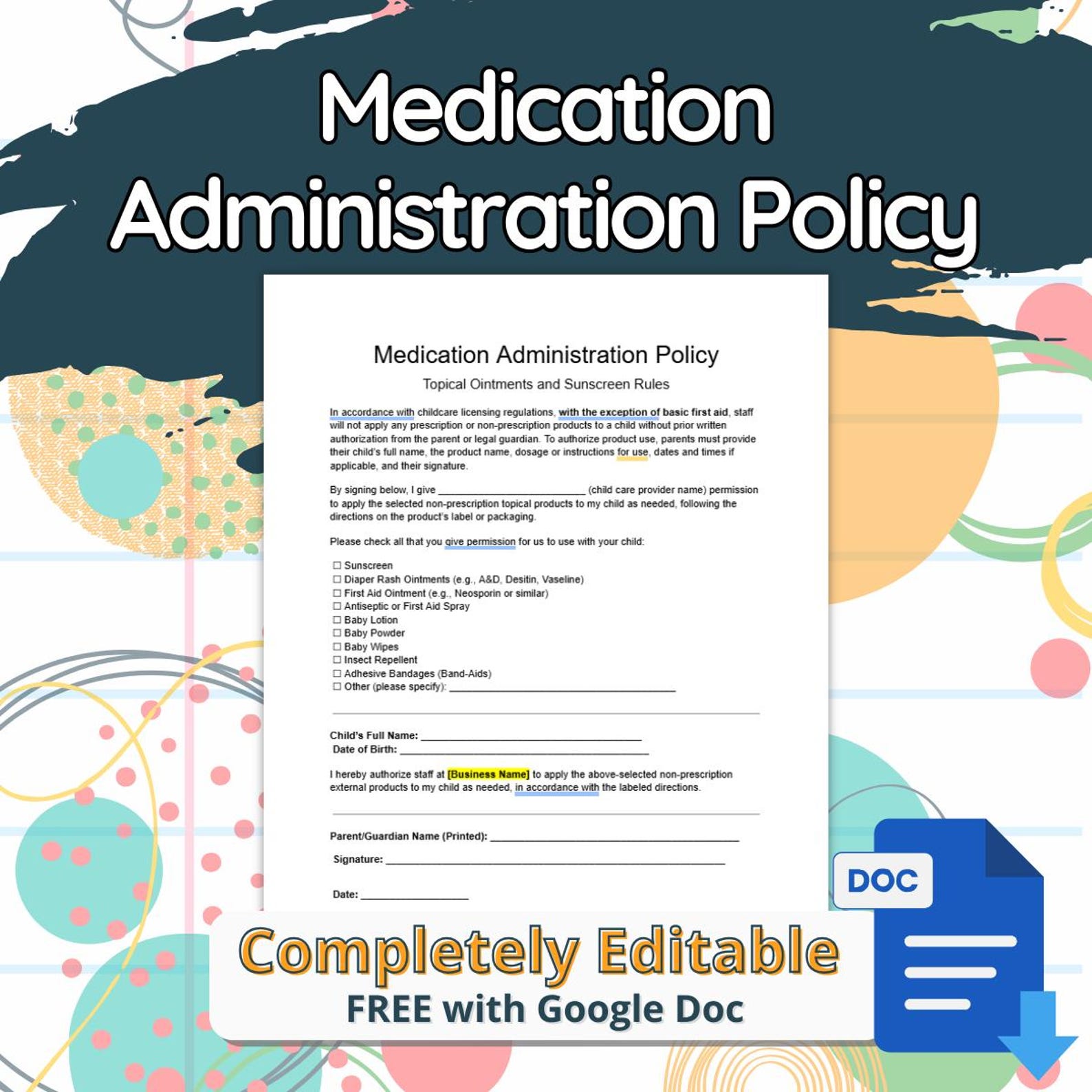 Daycare Medical Consent Form | Childcare Medication Form for Parents ...