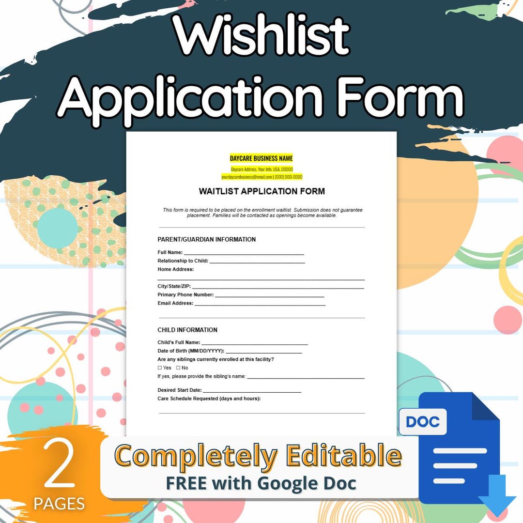 Childcare Waitlist Application | Editable Template for Daycare or ...