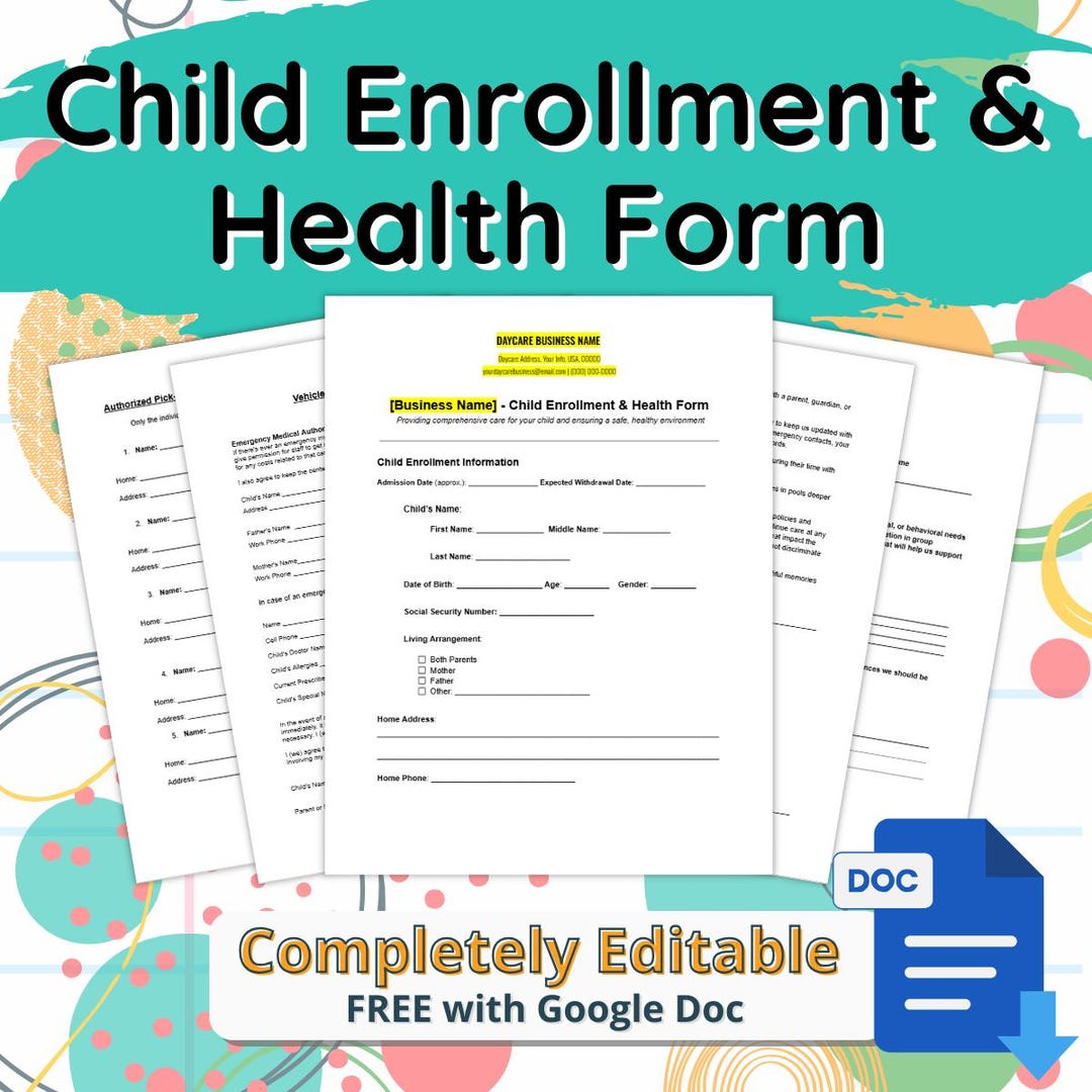 Daycare Enrollment Forms | Daycare Contract Editable Childcare Business ...