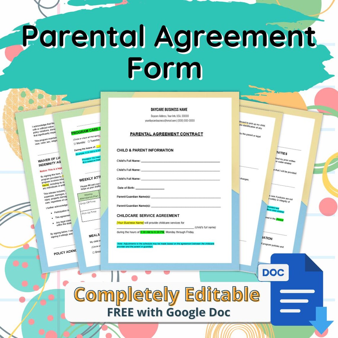 Editable Daycare Contract and Liability Waiver | Printable Childcare ...