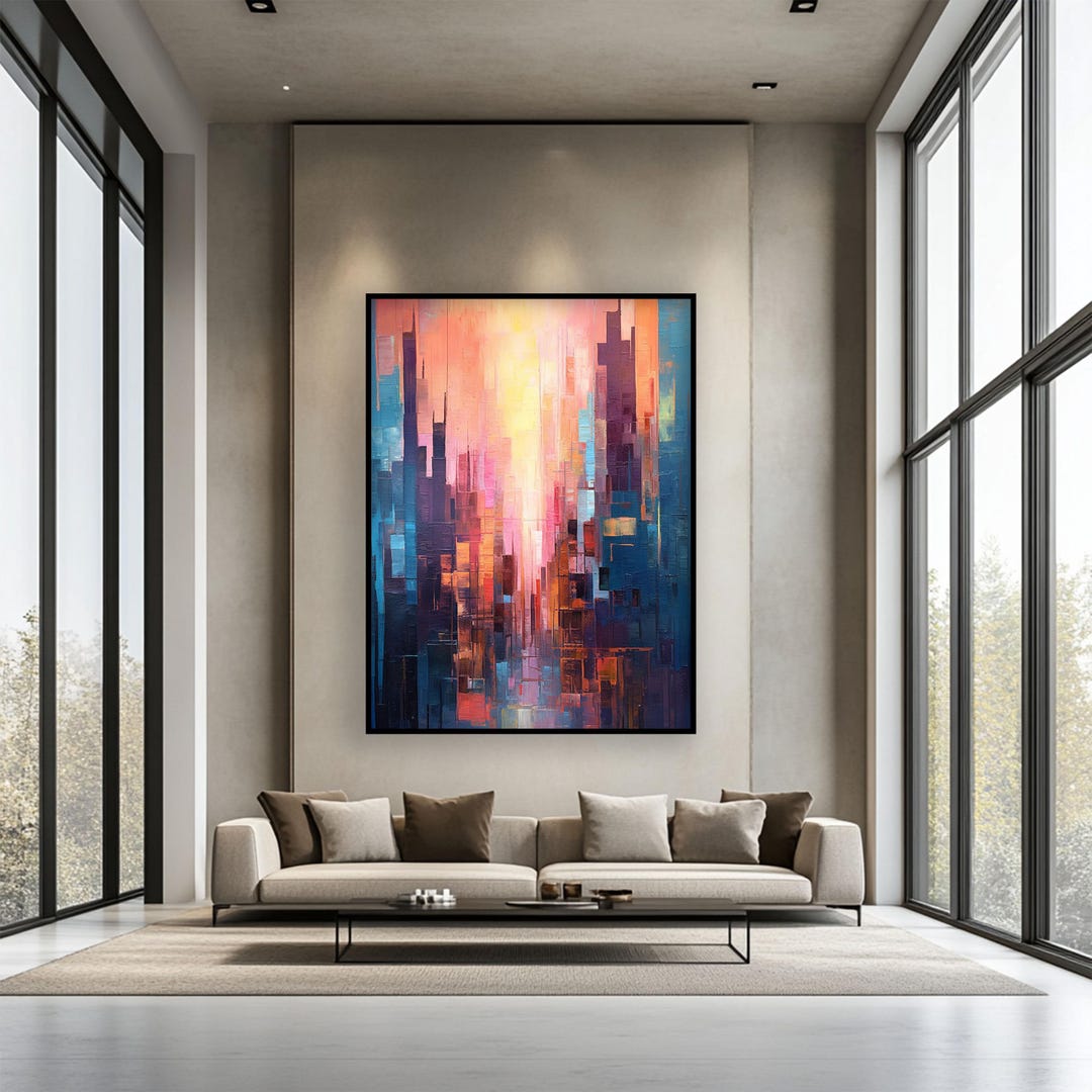 Colorful Blocky City Landscape, 100% Handmade Oil Painting, Textured ...