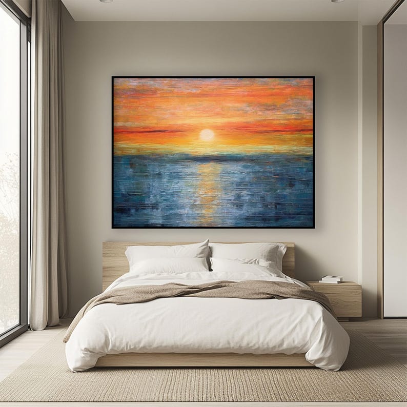 Sunset and Sea View, Orange Sky, 100% Handmade Oil Painting, Textured ...