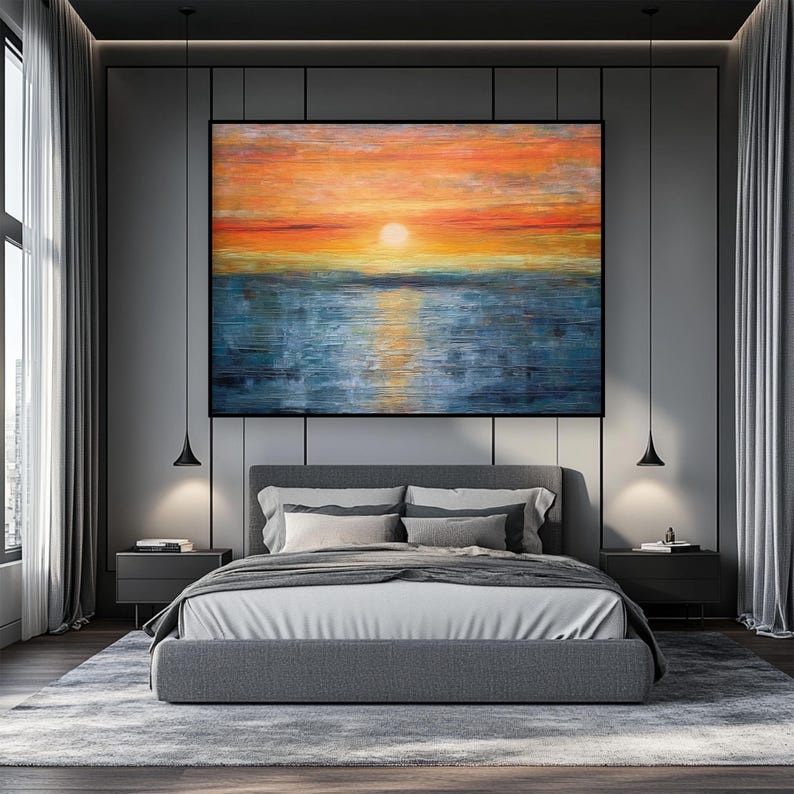 Sunset and Sea View, Orange Sky, 100% Handmade Oil Painting, Textured ...