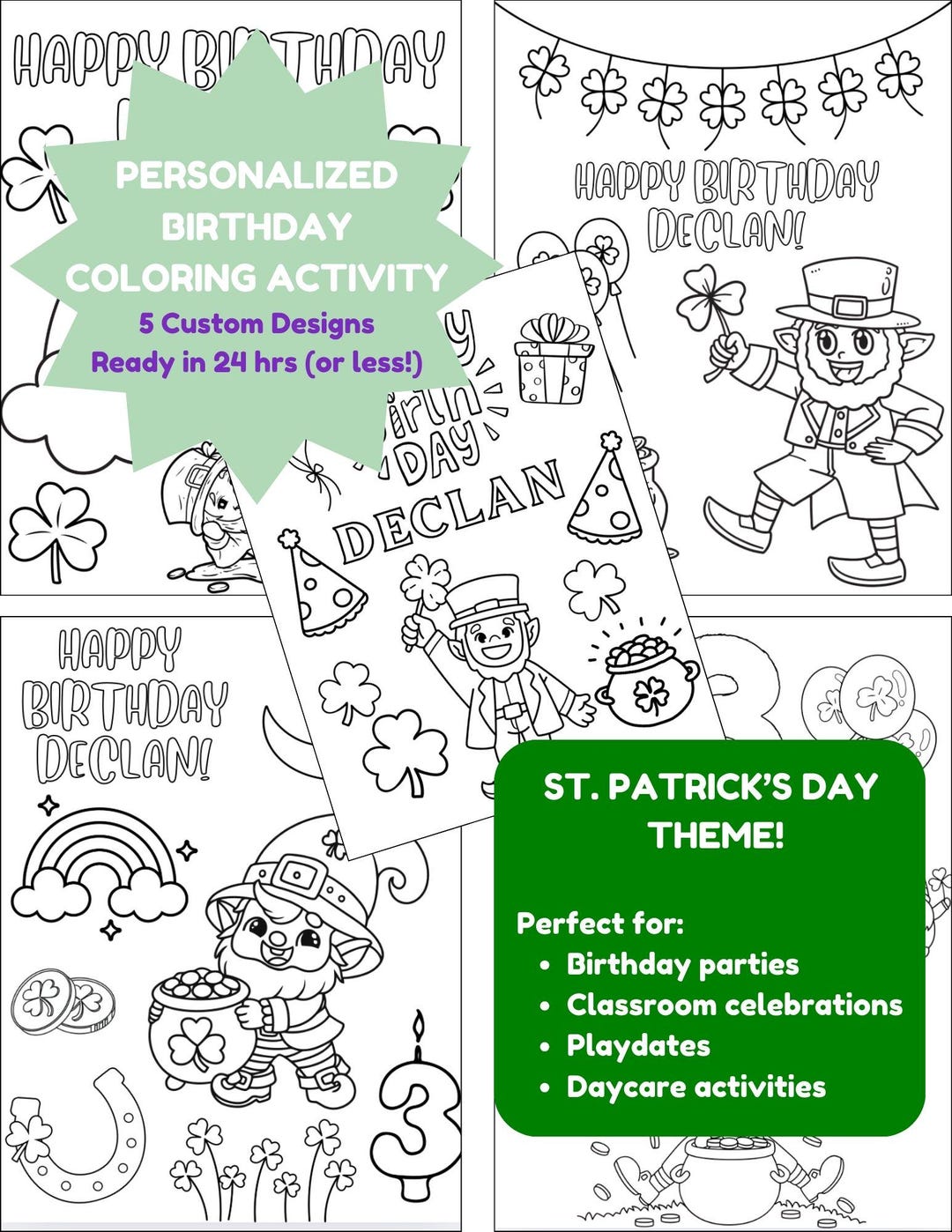 Personalized St. Patrick's Day Birthday Coloring Sheets, Lucky ...