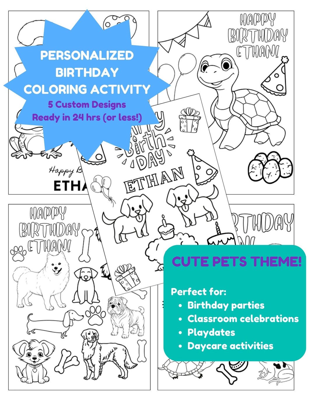 Personalized Birthday Coloring Sheets, Pets & Puppies, Printable Party ...