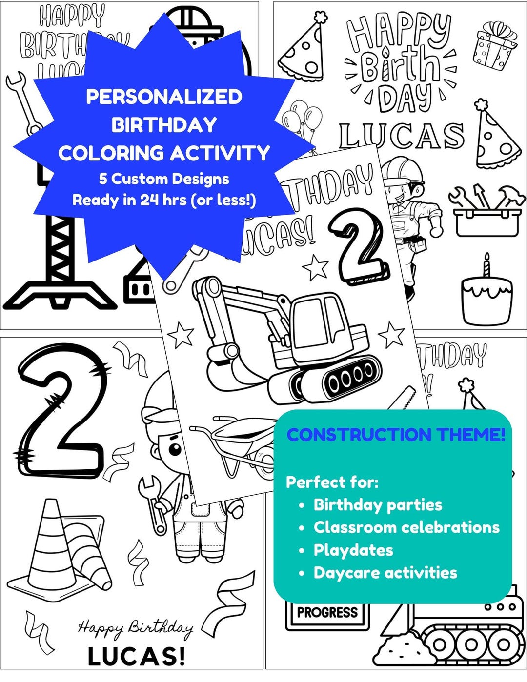 Personalized Construction Birthday Coloring Pages - Printable Party ...
