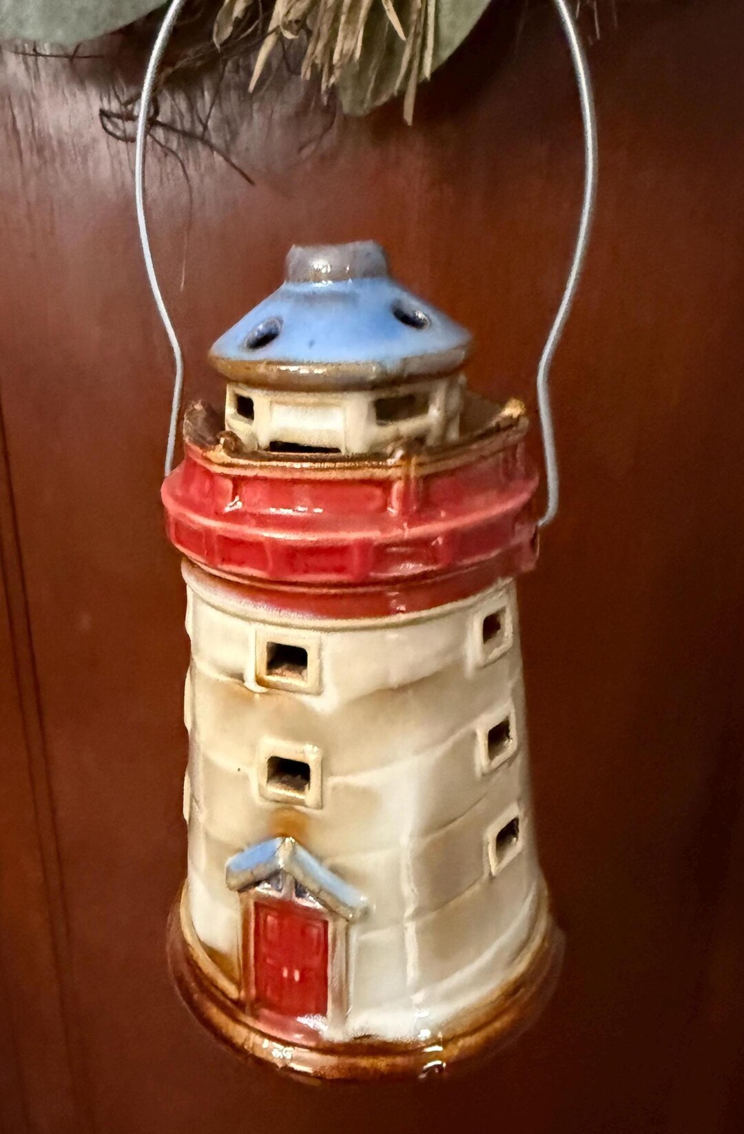 Vintage Glazed Ceramic Lighthouse Tea Light Lantern With Metal Handle ...