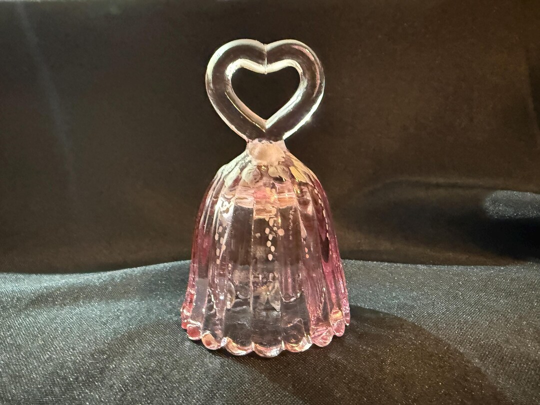 Fenton Pink Glass Bell: Hand Painted Roses, Heart Handle, Signed (3.5 ...