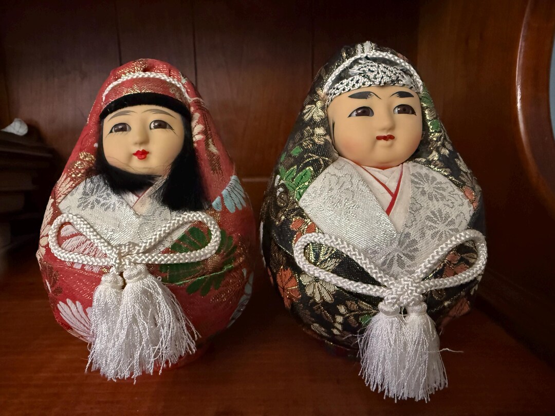 Vintage Japanese Hime Daruma Roly Poly Dolls, Gofan Face Silk Kimonos ...