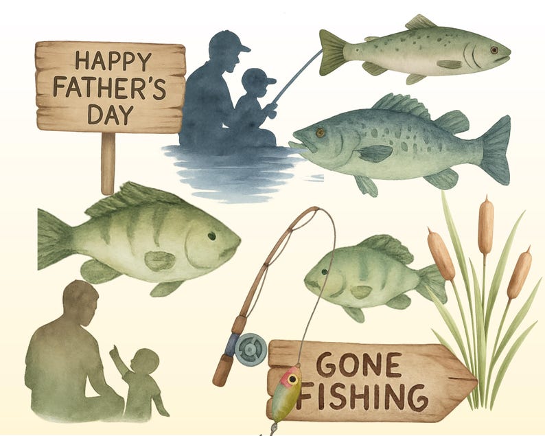 Fishing PNG Clipart Bundle | Watercolor Fish & Outdoor Clipart | Dad ...