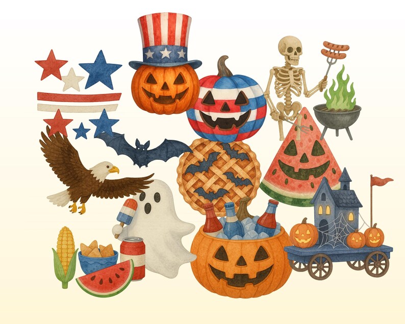 Patriotic Summerween Watercolor Clipart, 32 PNG Red White Blue ...