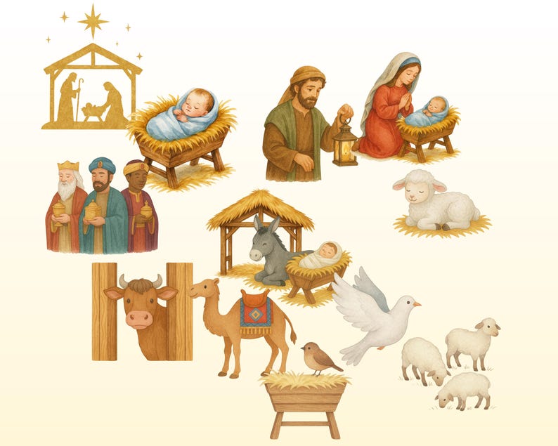 Nativity Christmas Watercolor Clipart | Holy Family, Manger Scene, Baby ...