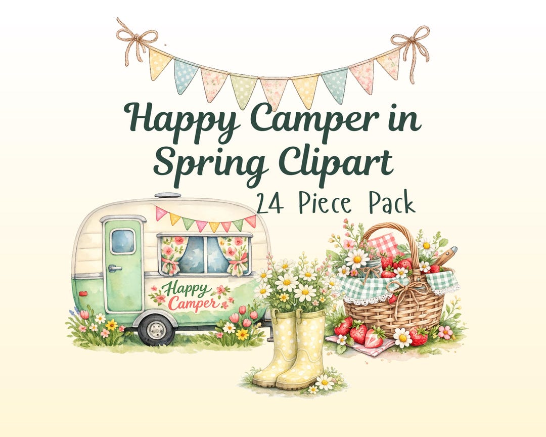 Spring Happy Camper Watercolor Clipart PNG Bundle, Cute Camping Art ...